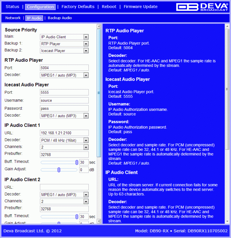 Deva DB90-RX. Decodificador de Audio IP